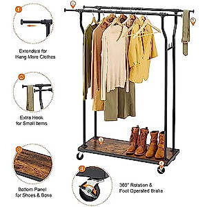Hoctieon Heavy Duty Double Rod Clothing Racks for Hanging Clothes,Extensible Garment Rack With Wheels,Clothes Rack with Wooden Bottom Shelves