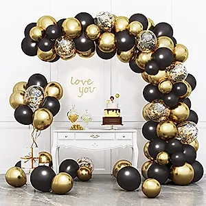 RUBFAC Black and Gold Balloons Garland Arch Kit with Black Gold Confetti Balloons for Graduation Birthday Party Decorations