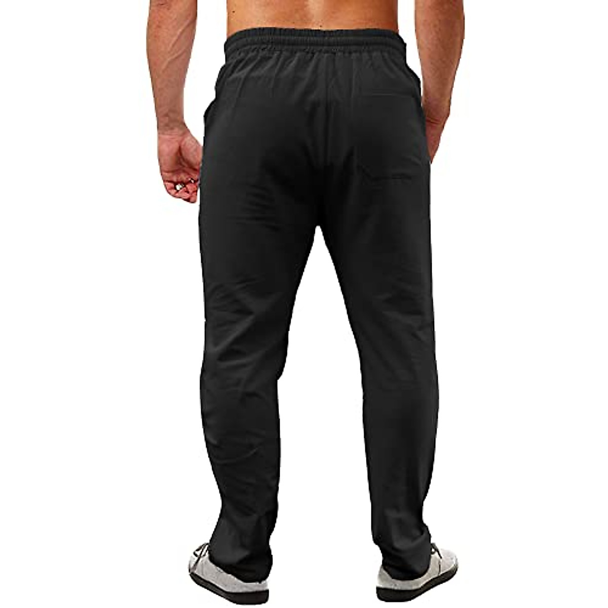 NANAMEEI Men's Drawstring Linen Pants Casual Beach Loose Trousers with Drawsting Elastic Waistband Pocket 2XL Black