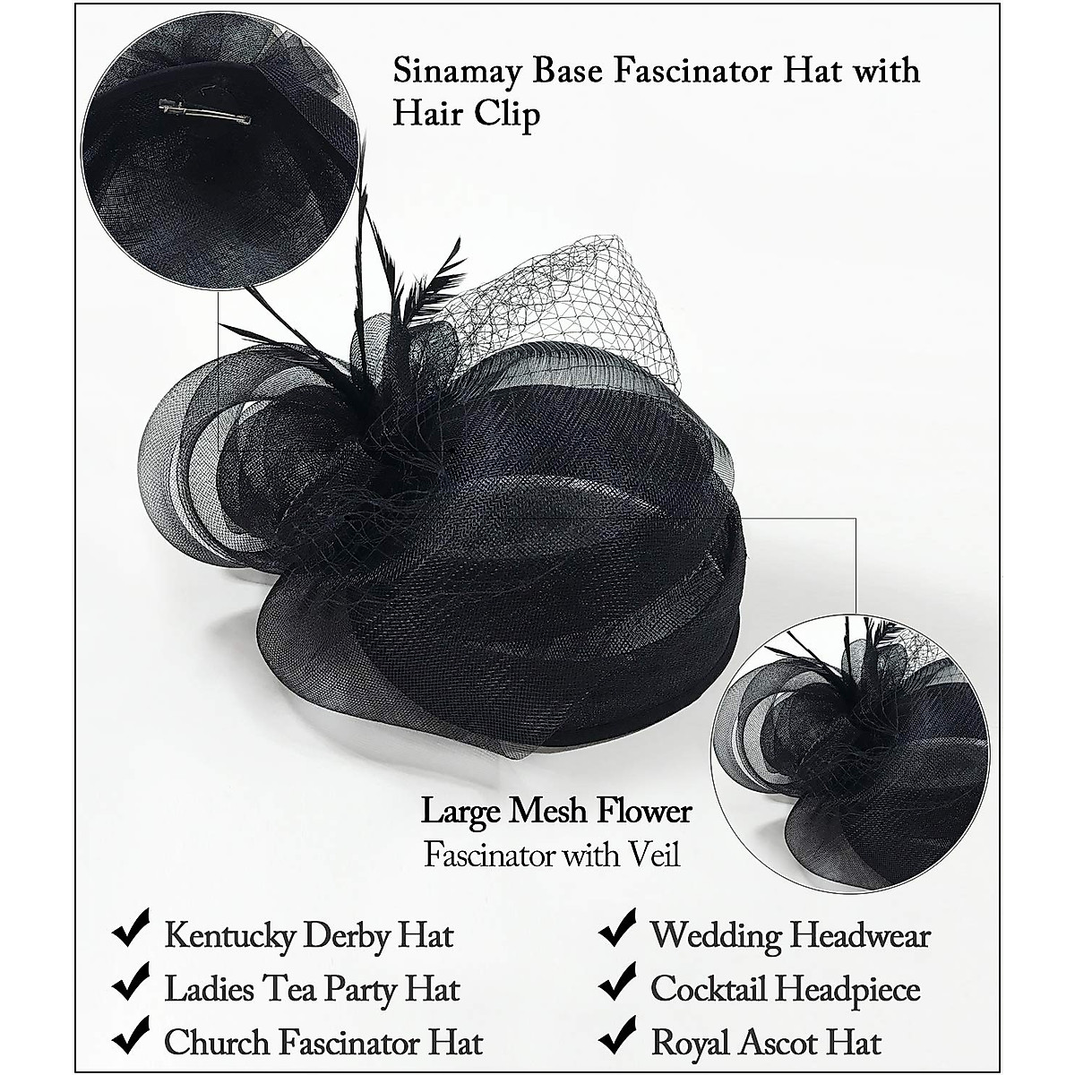 Z&X Sinamay Fascinator Pillbox Hats for Women Wedding Tea Party Mesh Flower Church Hat with Clip Black