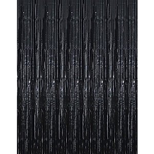 GOER 3.2 ft x 9.8 ft Black Photo Backdrop Party Streamers for Halloween,Birthday Party,1 Pack Black Metallic Tinsel Foil Fringe Curtains Party Decorations Wedding Decor