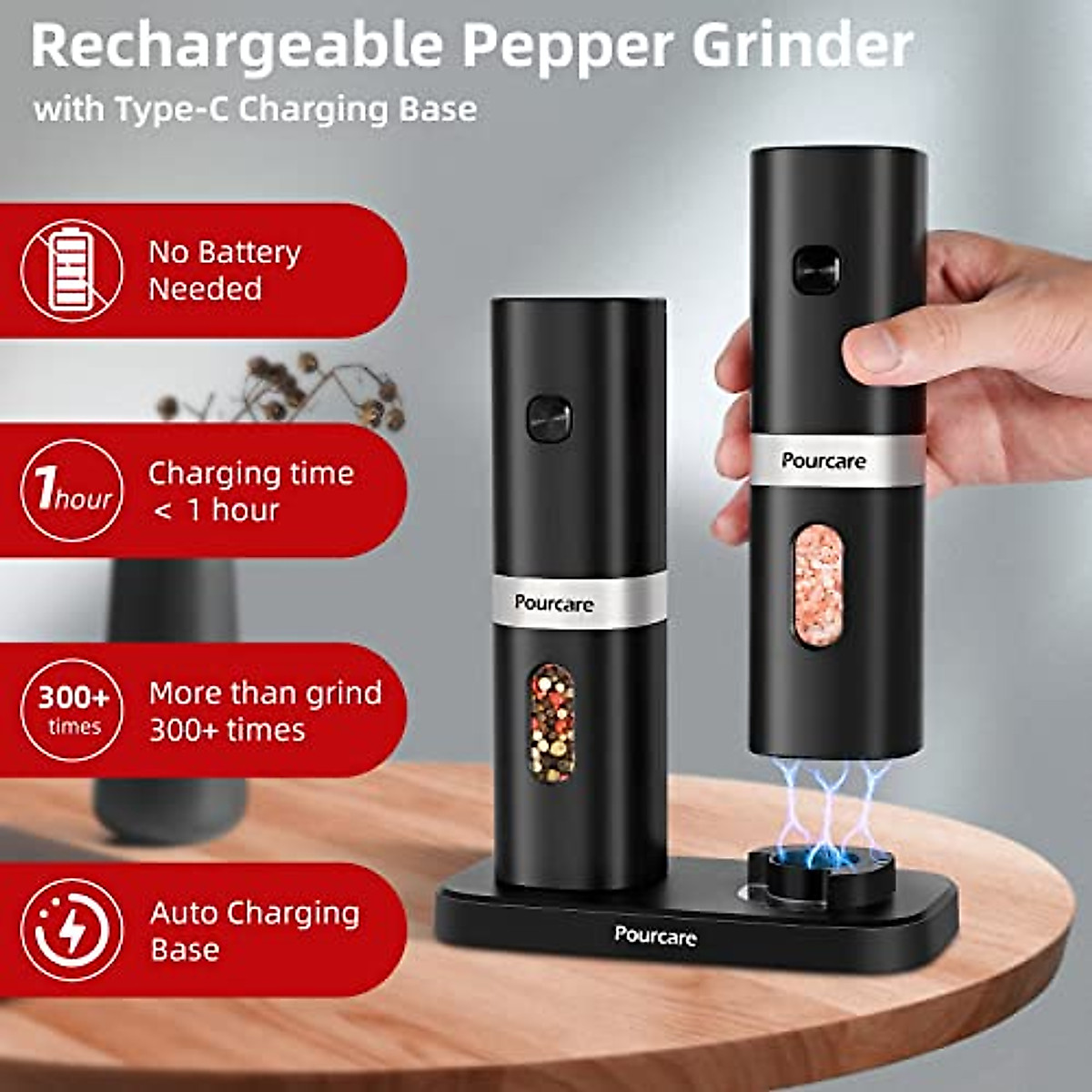 Pourcare Electric Salt and Pepper Grinder Mill Set,Adjustable Coarseness One-hand Automatic Operation,Charging Base Rechargeable Battery Powered with LED Light,Stainless Steel Black 2 Pack