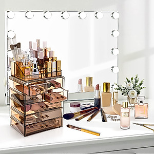 COMVTUPY Clear Makeup Organizer with Brush Holder, Large Acrylic Cosmetic Display Jewelry & Make Up Organizers and Storage for Vanity, Bathroom (3 Large, 4 Small Drawers, Brown)