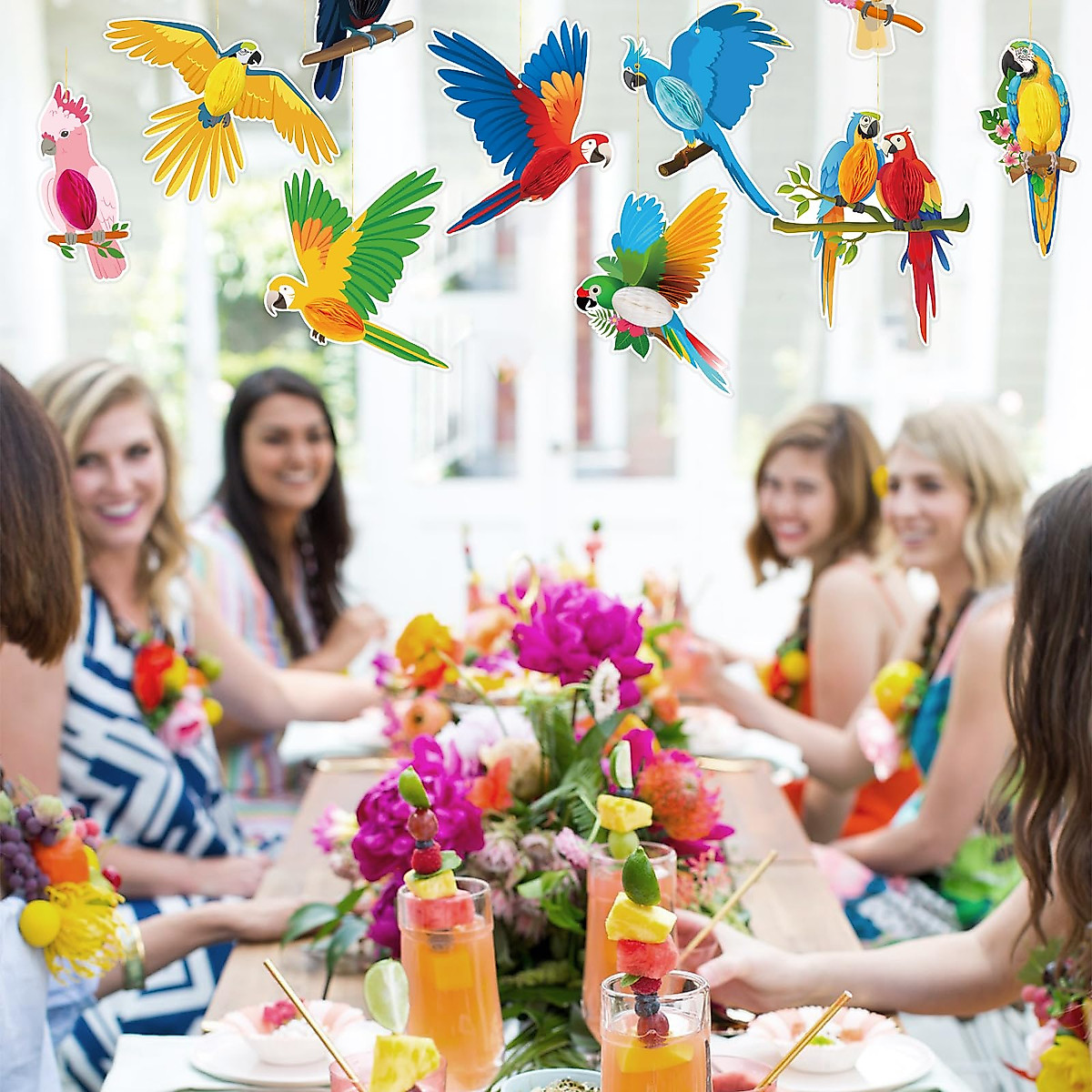 GuassLee Jungle Tropical Party Decorations Birds Honeycombs - Tropical Parrots Paper Cutouts Honeycombs Hanging Decorations for Hawaiian Luau Tiki Party Decor Supplies 10pcs