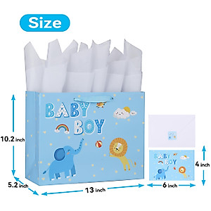 13" Large Blue Gift Bag Set with Greeting Card and Tissue Paper(Elephant and Lion Design) for Baby Boy,Baby Shower,Kids Birthday Party,Newborn,New Moms or Parents - 13” x 5.2” x 10.2”, 1 Pcs.