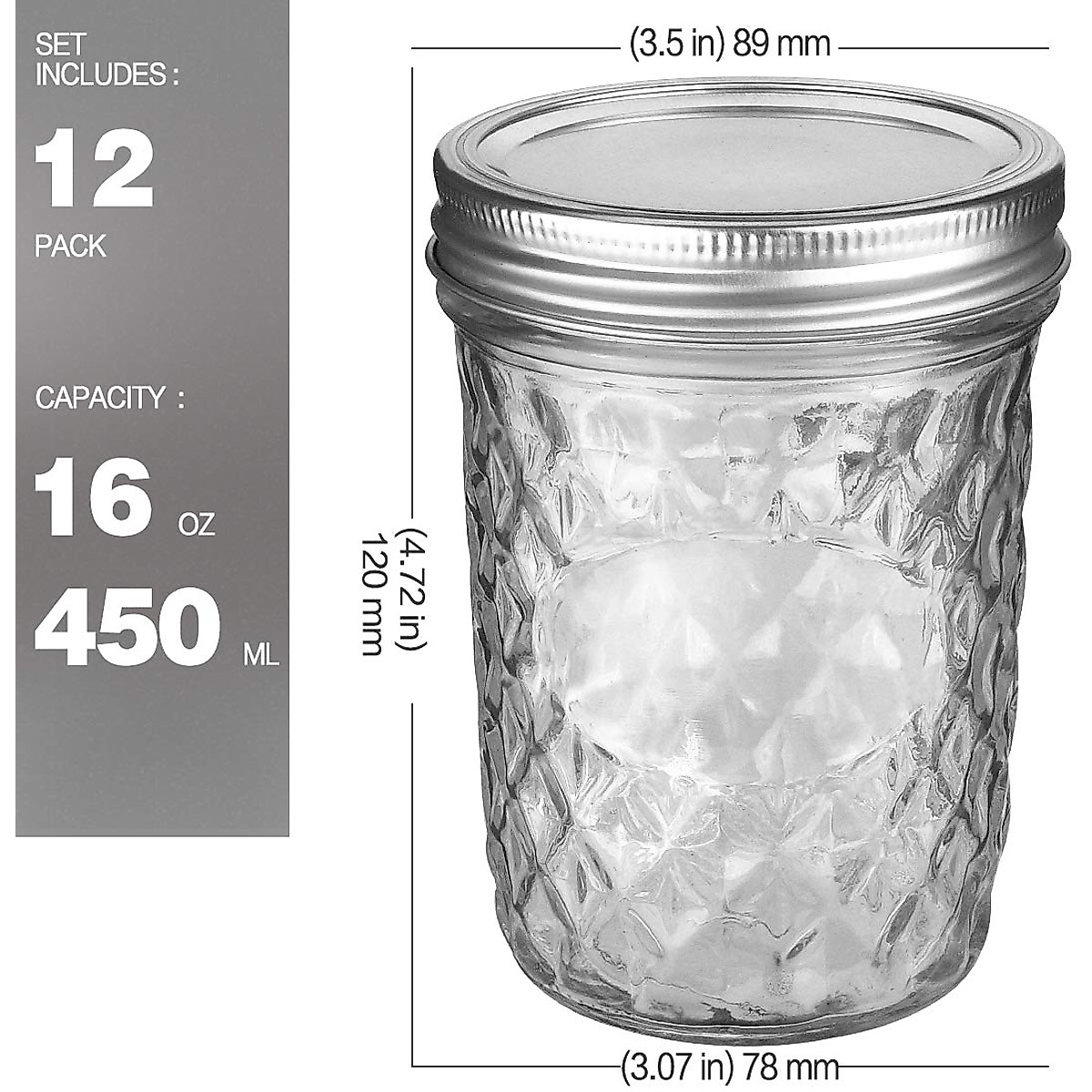VERONES Wide Mouth Mason Jars 16oz, 12 Pack 16 oz Wide Mouth Mason Jars with Lids and Bands, Ideal for Jam, Honey, Wedding Favors, Shower Favors