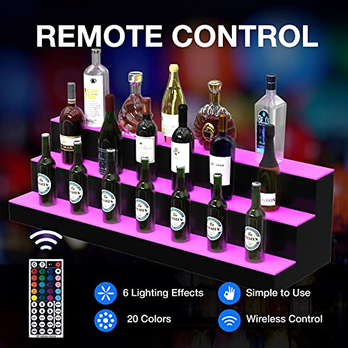HIGOSPRO LED Liquor Bottle Display Shelf, 40 inch 3-Step Lighted Acrylic Lighted Bar Shelf for Home, Commercial Bar, Acrylic Lighted Bottle Display Stand with RF Remote