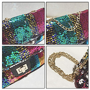 Sequin Crossbody Purse Shoulder Bags Rainbow Stylish Handbag Reversible Pouch with Chains for Girls Womens