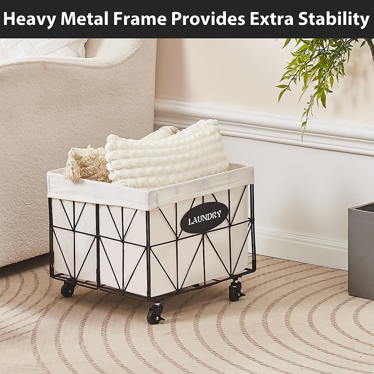 Mxfurhawa Collapsible Laundry Hamper with Wheels, 65L Capacity and Removable Liner, Sturdy Metal Frame for Clothes Storage and Transport - Convenient Laundry Basket for Home Use (65L-LE-Black)