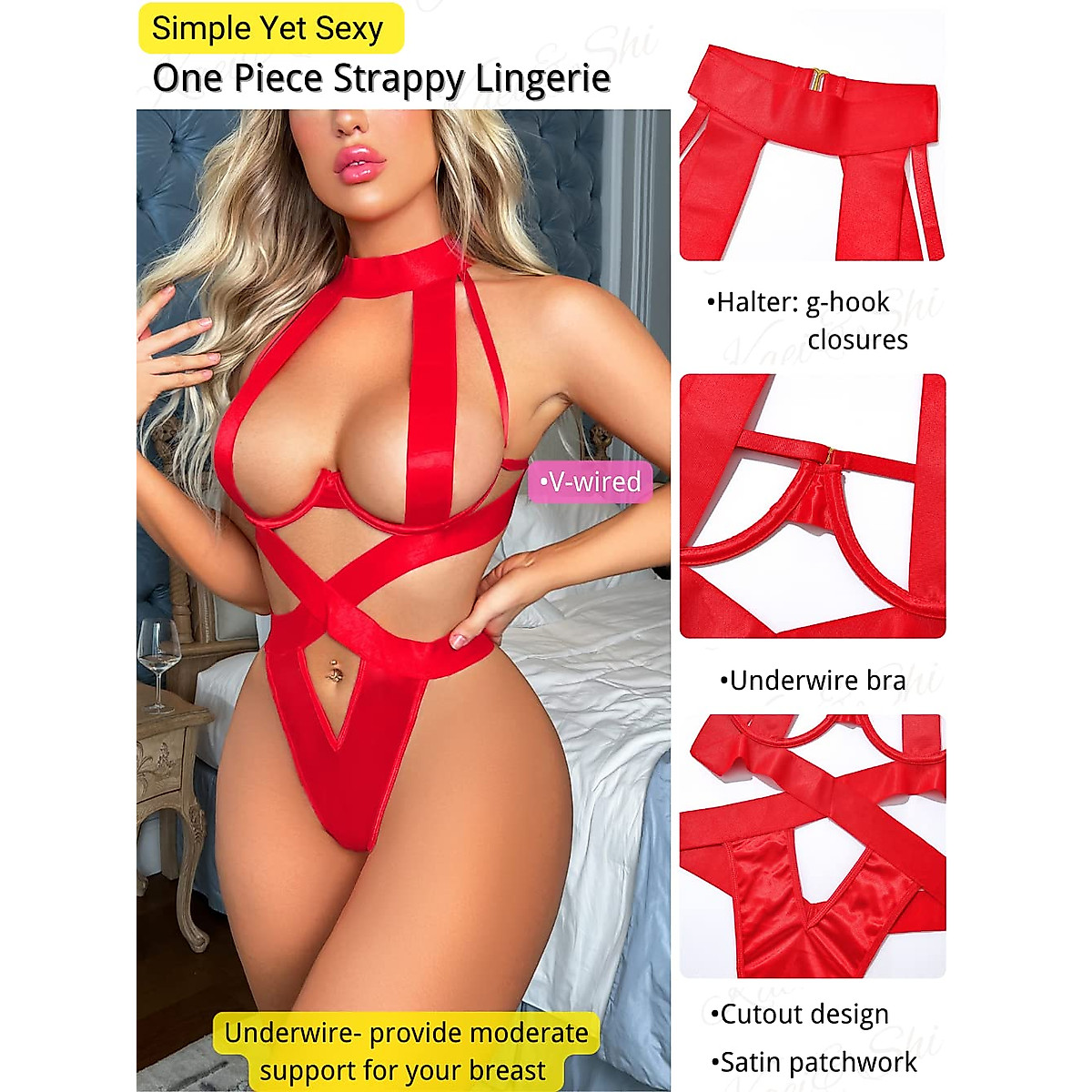 Kaei&Shi Strappy Lingerie Bondaged,Sexy G String Lingerie For Women,One Piece Choker Bodysuit Boudoir Outfits Exotic,Red,Medium