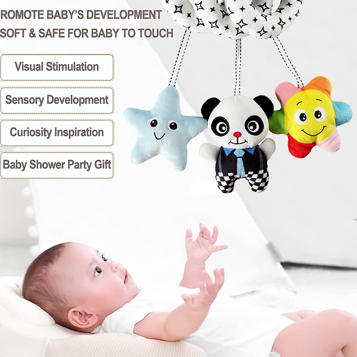 AIPINQI Spiral Stroller Toys, Infants Spiral Activity Toys Comfortable Pram Crib Plush Toy for Boys Girls Spiral Hanging Toys for Car Seat, Panda