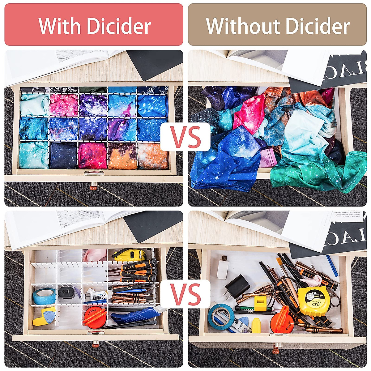 Ptanok 45 Pack Drawer Dividers, Plastic Adjustable Drawer Storage Organizer for Tidying Clutter Socks, Underwear, Makeup, Kitchen, Dresser Black