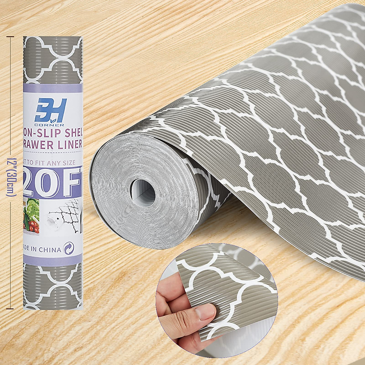 BHCORNER 12" x 20Ft Kitchen Cabinet Liners for Shelves ,Grey Shelf Liners for Kitchen cabinets Non-Adhesive ,Waterproof Drawer Liners and copboard Liner.Durable Contact Paper for cabinets,Dresses.