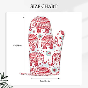 Oven Mitts Heat Resistant Silicone and Polyester Indian Lotus Ethnic Elephant Print Kitchen Mitts Thick Oven Gloves for Cooking, BBQ, Baking, Grill, Pizza Pair