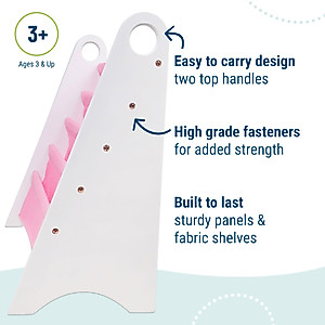 Wildkin Kids Modern Sling Bookshelf for Boys and Girls, Wooden Design Features Two Top Handles and Four Fabric Shelves, Helps Keep Bedrooms, Playrooms, and Classrooms Organized (White and Pink)