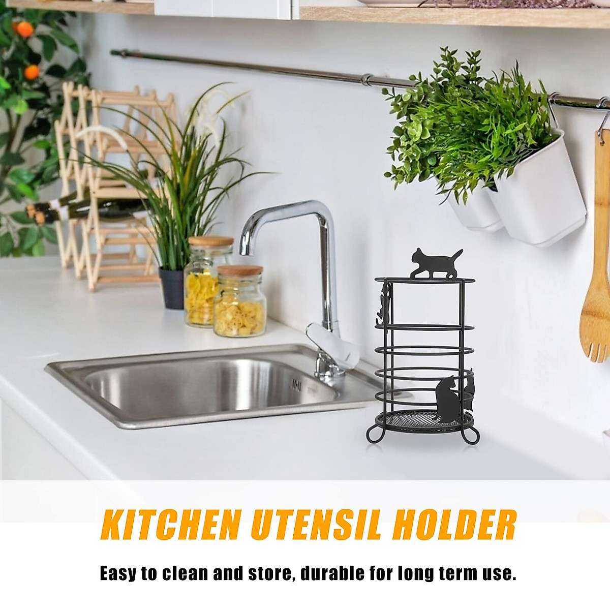 DOITOOL Iron Kitchen Utensil Holder for Countertop Spoon Holder Silverware Caddy, Silhouette Chopsticks Holder Spoon and Fork Holder for Kitchen or Restaurant, Black