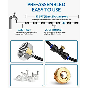 HOMENOTE Misting Cooling System 59FT (18M) Misting Line + 20 Brass Mist Nozzles + Brass Adapter(3/4") Outdoor Mister for Patio Garden Greenhouse Trampoline for Waterpark