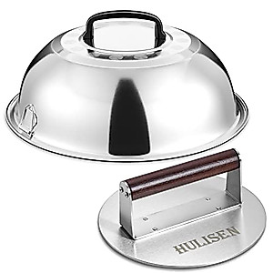 HULISEN Heavy-Duty Burger Press & Melting Dome Set, 8.5 Inch Round Stainless Steel Bacon Press with Wooden Handle, 12 Inch Basting Cover, Griddle Accessories Kit for Flat Top Grill Indoor/Outdoor