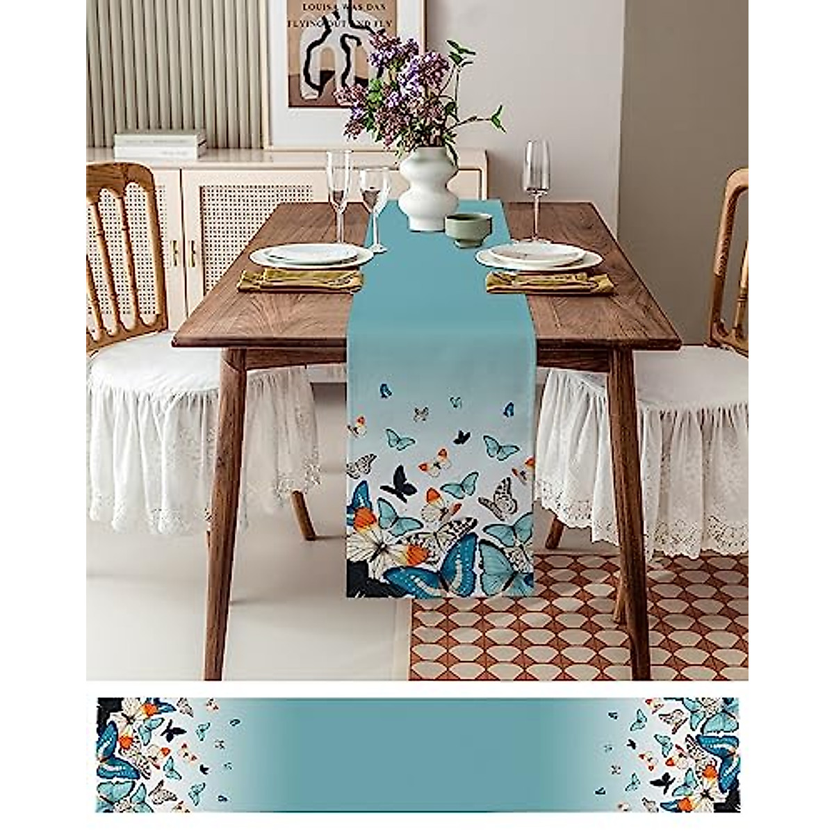 Lsrtoss Teal Ombre Table Runner 72 Inches Long Farmhouse Dress Scarves, Blue Orange Butterfly Modern Abstract Art Dining Tablerunner for Coffee Table/Kitchen Island/Party Décor, 18" x 72"