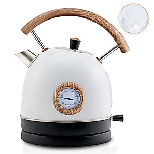 Electric Tea Kettle, Hot Water Boiler with Thermometer 1.7 Liter Stainless Steel Teapot, BPA Free, 1500W, SMOLON Wood Pattern Handle Pour-Over Electric Kettle with LED Indicator Auto Shut-Off, White