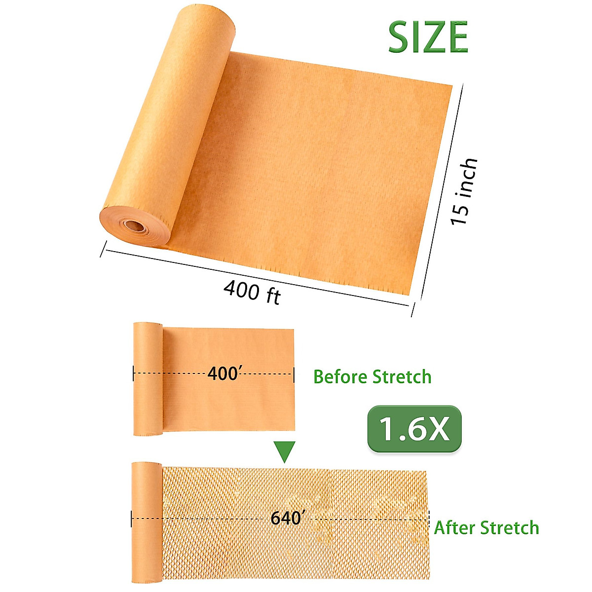 15”x400’Honeycomb Packing Paper,100% Recyclable Honeycomb Cushioning Wrap Roll for Safe Moving Shipping Packaging with 20 Fragile Stickers.