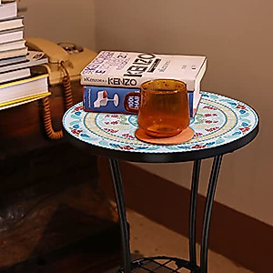 VCUTEKA Outdoor Side Table Mosaic Patio Table Accent Table Mosaic Tile Top Metal Frame Small End Table Porch Beach Patio Garden Balcony Beige 14''