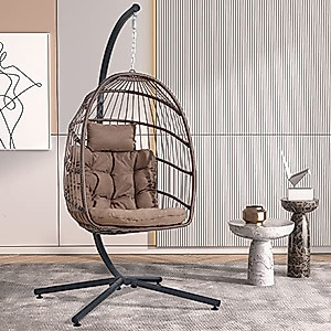 LEYCAY Egg Chair with Stand, Hanging Egg Swing Hammock Chair with Stand, Indoor Outdoor Wicker Egg Chair with Cushion Headrest for Patio Bedroom Porch Garden, 350LBS Capacity(Brown)