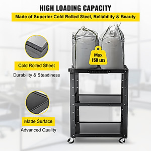 VEVOR Steel AV Cart, 24-42" Height Adjustable Media Cart with Electric Power Cord, 24 x 32 Presentation Cart with 3 Shelves, 150 LBS Rolling Projector Cart with and 2 Brakes Suitable for Load-Bearing