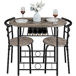 Yaheetech 3 Piece Round Dining Table Set Kitchen Breakfast Table Set for 2 Dining Table with 2 Chairs Space Saving Table Set w/Metal Frame, Wine Rack for Small Space/Apartment, Drift Brown