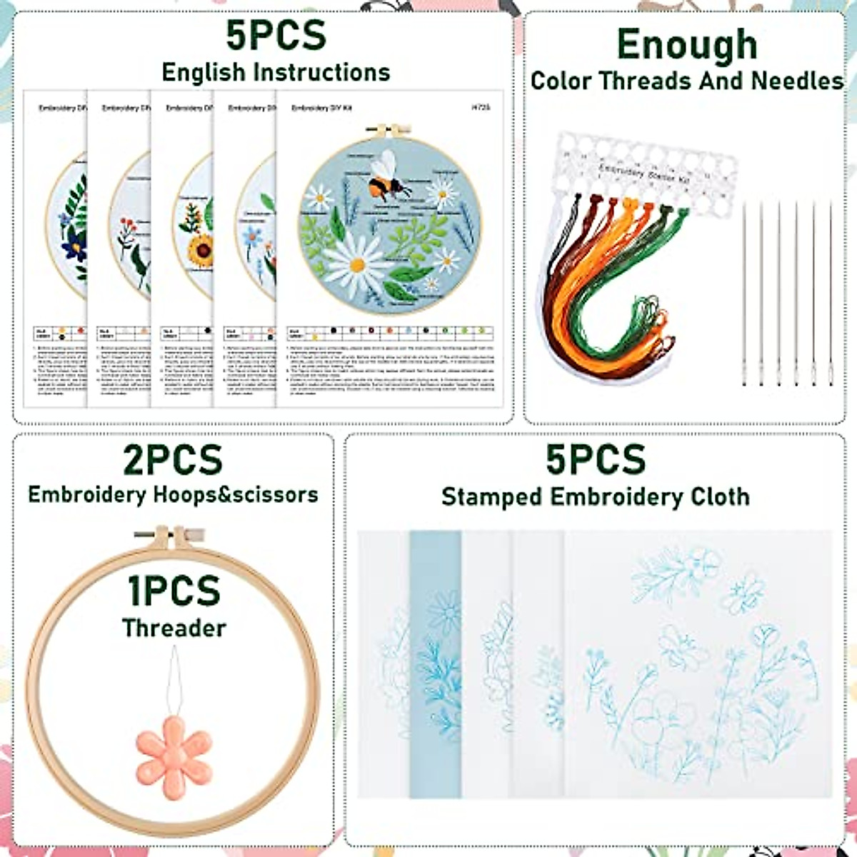 5 Sets Embroidery Starter Kit with Patterns and Instructions Bee Flower Cross Stitch Set for Beginners DIY Adult Kids (as Pictures Shown)