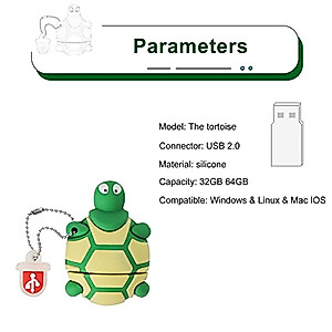64GB USB Flash Drive Cute Turtle-Shaped, BorlterClamp Funny Memory Stick Cute USB 2.0 Drive Novelty Thumb Drive for External Data Storage, Green