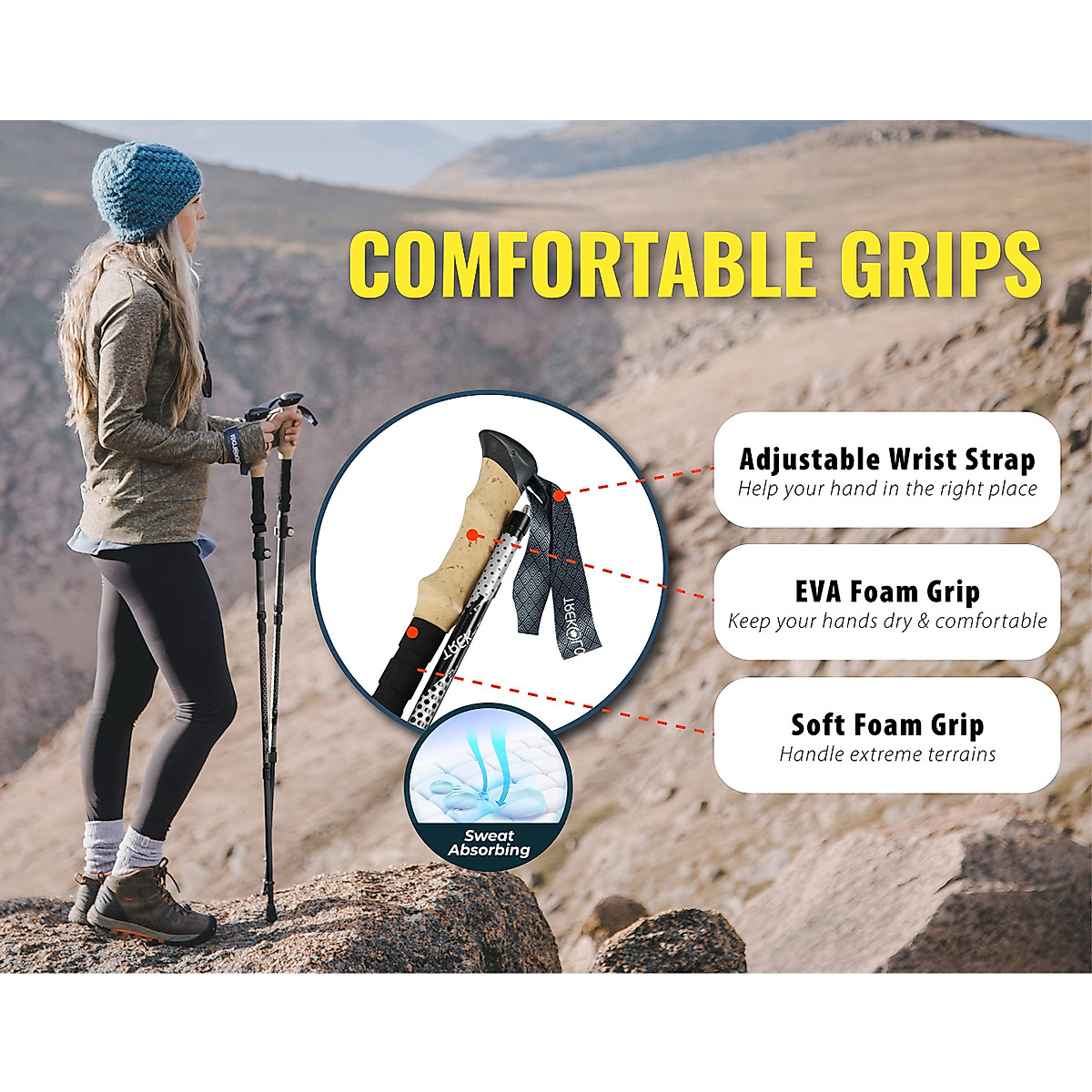 TREKOLOGY Trek-Z (Black 100-120cm) Trekking Hiking Poles / 6 pc Replacement Rubber Tips - Collapsible Folding Walking Sticks,Adjustable Quick Flip-Lock, Foldable Trekking Poles for Hiking.