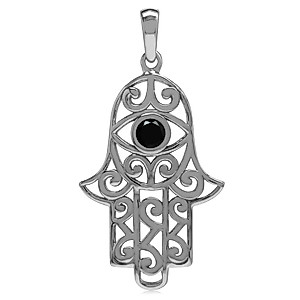 Silvershake Natural Black Spinel 925 Sterling Silver Evil Eye on Hamsa Hand Pendant