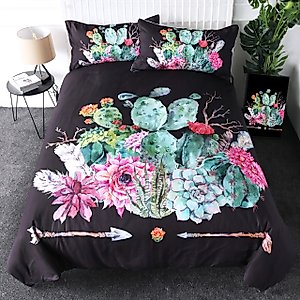 Sleepwish Duvet Cover Set Queen Size Cactus Pattern Bedding Sets Boho Style Succulent Bedspread Vintage Plants Sword Print Comforter Cover 3 Pieces Black Cactus Bedroom Decor
