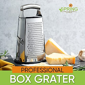 Spring Chef Box Grater, Stainless Steel with 4 Sides, Best for Parmesan Cheese, Vegetables, Ginger, Large Size