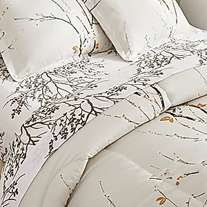 UOZZI BEDDING Cream White Bed in a Bag Twin 6 pc Branch Style All Season Soft Microfiber Reversible Bed Comforter Set (1 Comforter 2 Pillow Shams 1 Flat Sheet 1 Fitted Sheet 1 Pillowcases)