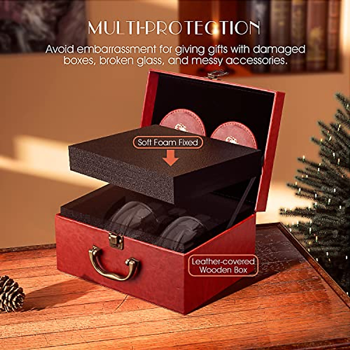 Whiskey Gifts for Men Dad, Whiskey Set with Leather Box, 6 Whiskey Stones, 10 OZ Whiskey Glass, Whiskey Stones Gift Set for Men, Husband, Boyfriend, Birthday, Anniversary, Father's Day or Christmas