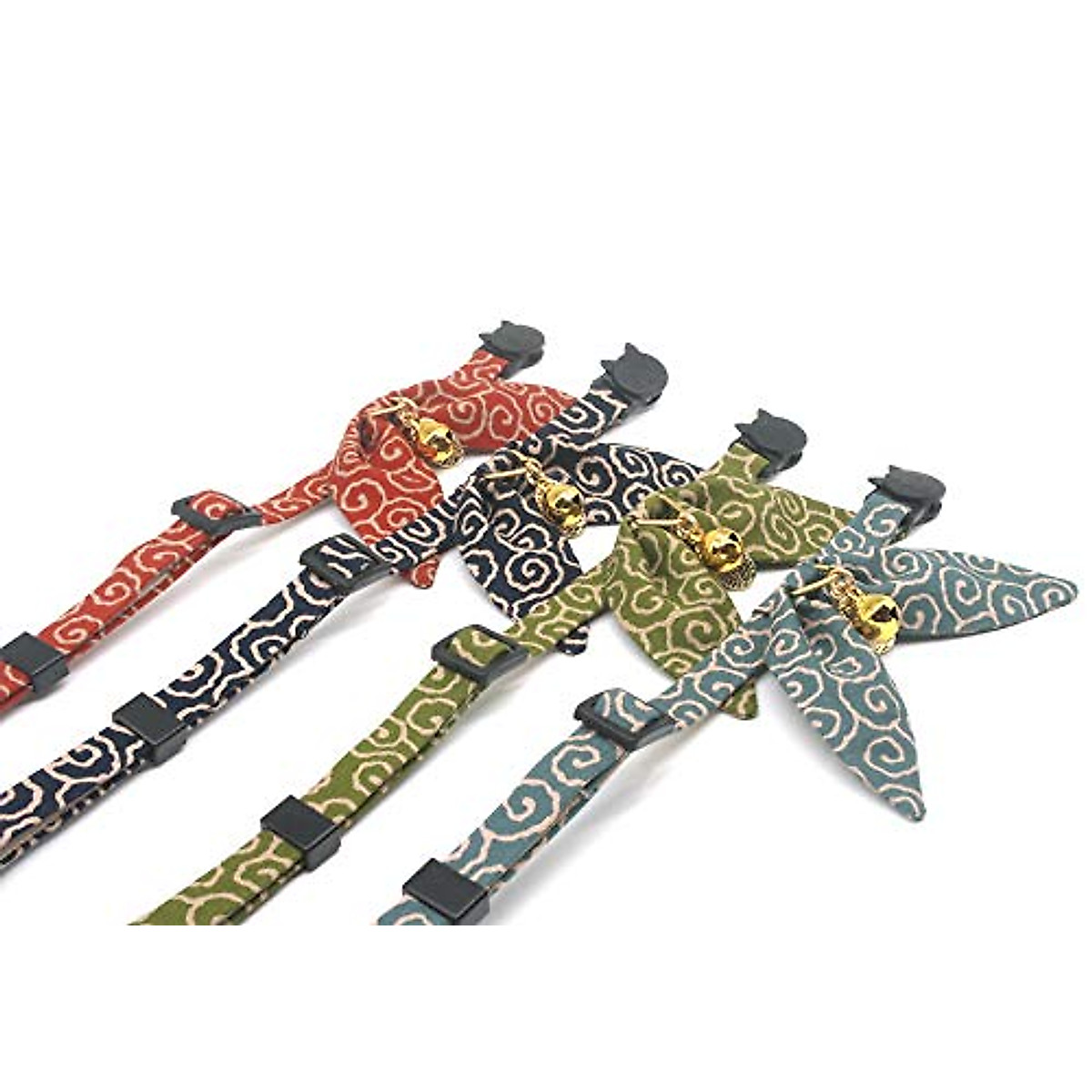 PetSoKoo Cute Bunny Ears Bowtie Cat Collar with Bell, Ancient Arabesque Print, Japan Lucky ’開三運’ Charm. Safety Breakaway, Soft, for Girl Boy Male Female Cats,Light Blue