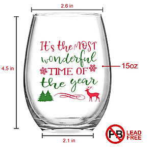 Futtumy It's the Most Wonderful Time of the Year Stemless Wine Glass 15oz, Unique Christmas Wine Glass for Men Women Mom Dad Wife Husband Friend on Christmas Birthday Wedding, Set of 2