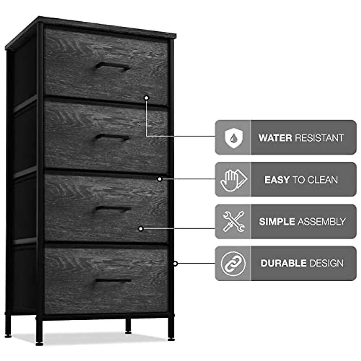Sorbus Dresser with 4 Faux Wood Drawers - Tall Storage Unit Organizer Tower for Clothes - Bedroom, Hallway, Living Room, Closet, & Dorm Chest Furniture - Steel Frame, Wood Top, Easy Pull Fabric Bins