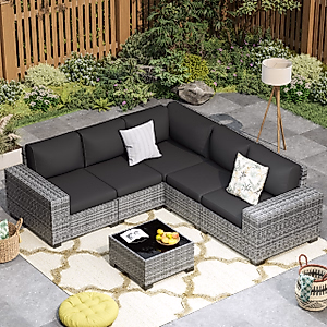 Poteban Outdoor Patio Furniture Set, 8'' Wide armrest Outdoor Sectional Rattan Sofa Set, Wicker Patio Furniture Sets w/Coffee Table,Thick Cushions and Cover for Porch, Balcony,Deck 6 PCS(Grey&Black)