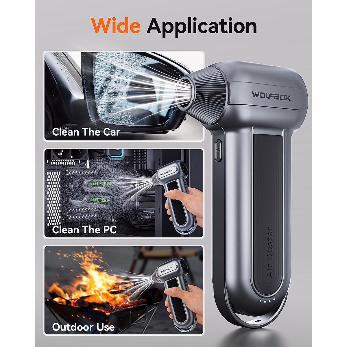 WOLFBOX MF100 Electric Air Duster-150000RPM Super Power Cordless Air Duster, Rechargeable Brushless Motor Durable Blower, 3-Gear Adjustable Dust Blower for Computer, Keyboard, Outdoor, House and Car