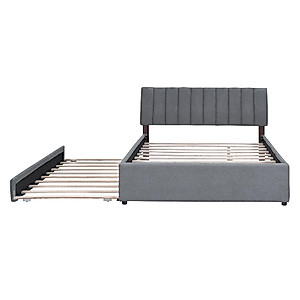 Brisca Queen Size Teddy Fleece Upholstered Platform Bed with Trundle and LED Light,Bed Frame W/Stripe Headboard,for Bedroom,Apartment,Guest Room,Gray