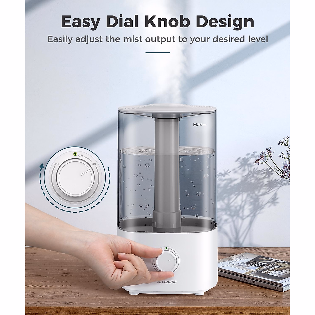 BREEZOME 4L Humidifiers for Bedroom, Essential Oil Diffuser, Top Fill Cool Mist Ultrasonic Humidifiers for Baby, Plants, Nursery, Humidifiers for Large Room Last up to 50 Hours, Quiet Operation