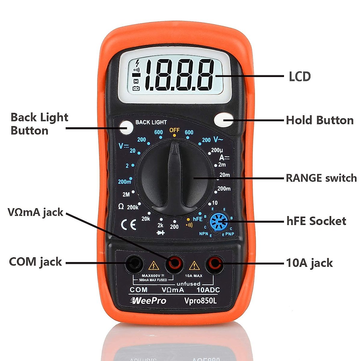 WeePro Vpro850L Digital Multimeter DC AC Voltmeter, Ohm Volt Amp Test Meter, Electric Tester Ohmmeter with Diode and Continuity Detector, Backlit Display and Insulated Rubber Case Kickstand