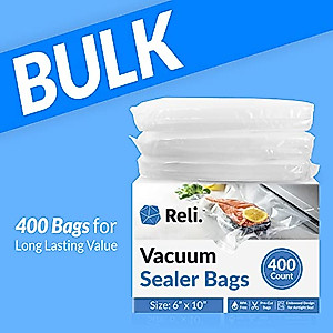 Reli. Vacuum Sealer Bags 6x10" | 400 Bags - Bulk | Pre-Cut Embossed Vacuum Bags for Food | BPA Free | Vacuum Sealer Bags for Sous Vide, Food Storage/Food Prep | Pint Size, Clear