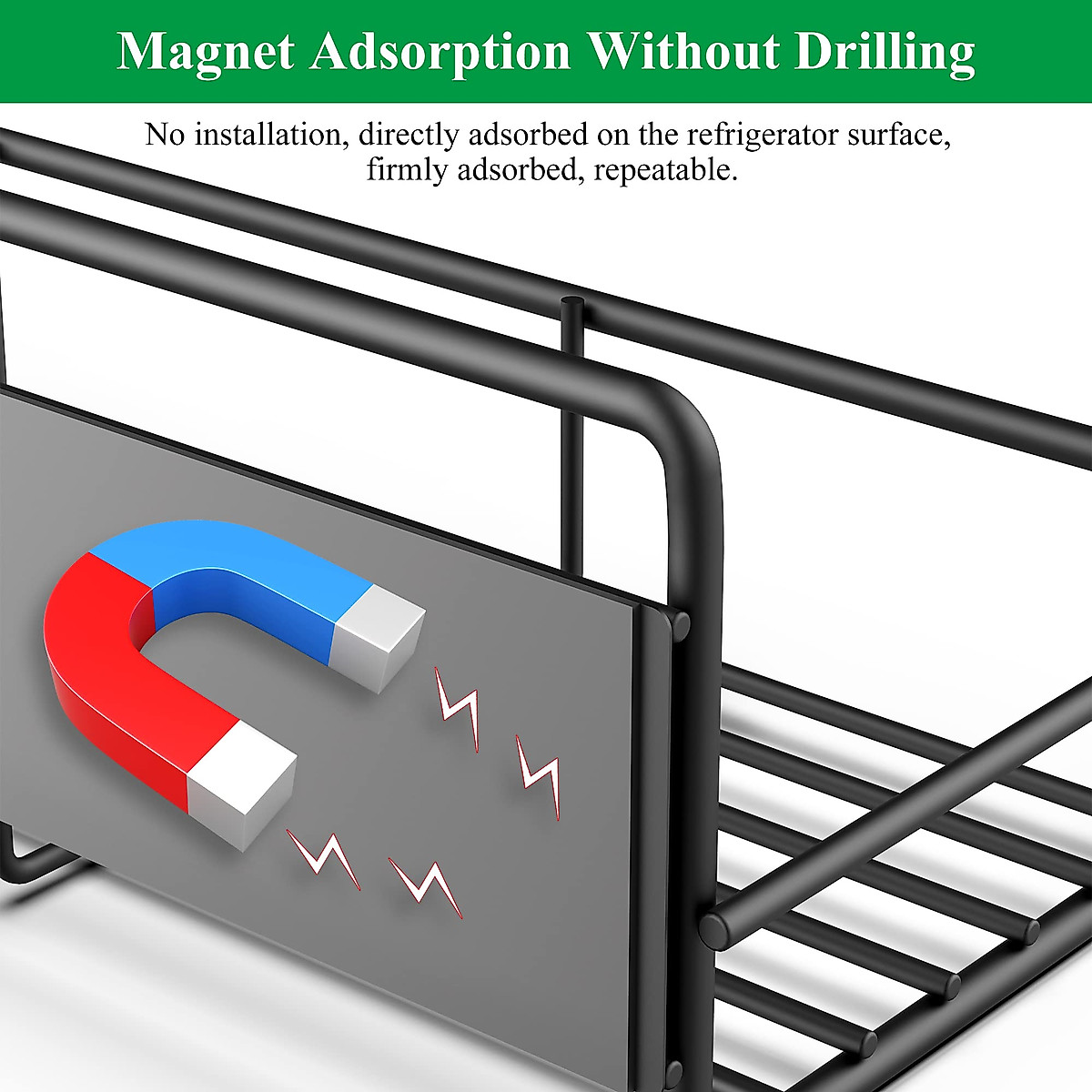 HuggieGems 4 Pack Magnetic Spice Rack Organizer for Refrigerator and Microwave Oven, Metal Fridge Shelf for Kitchen, Black