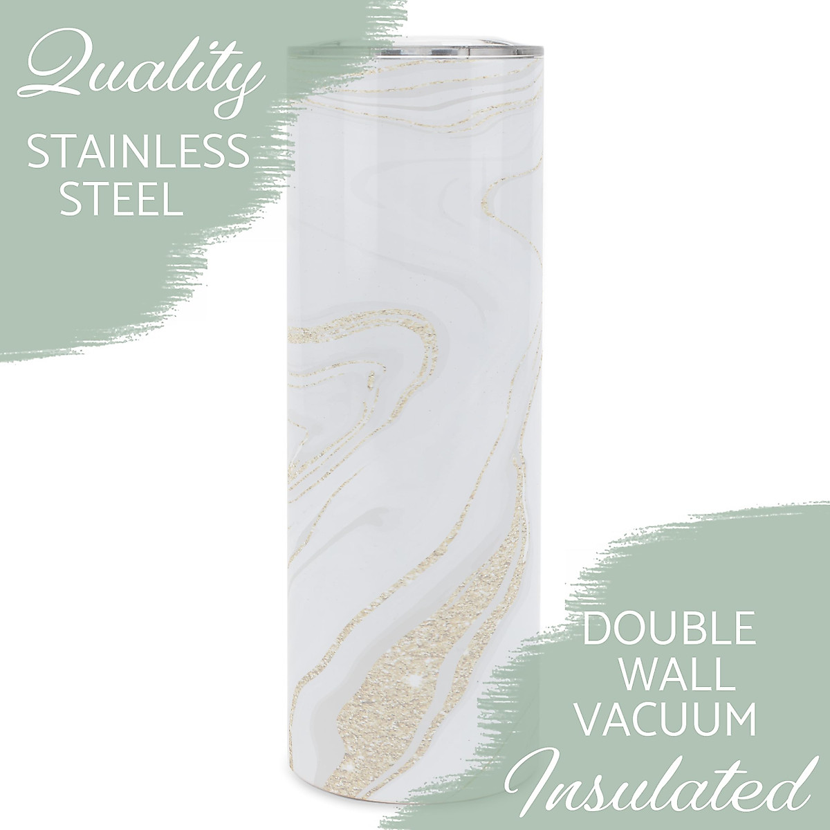 Elanze Designs Nova Name, White & Gold Glitter Marble Wrap-Around Design 20 Ounce Stainless Steel On-The-Go Coffee Travel Insulated Skinny Tumbler Mug Cup with Slide Top Lid