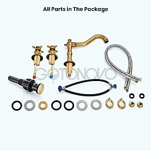 gotonovo 3-Hole Widespread Bathroom Faucet Double Cross Handle Mixer Tap for Bathroom Sink Deck Mount Hot Cold Water Matching Pop Up Drain with Overflow Antique Brass Victorian Spout