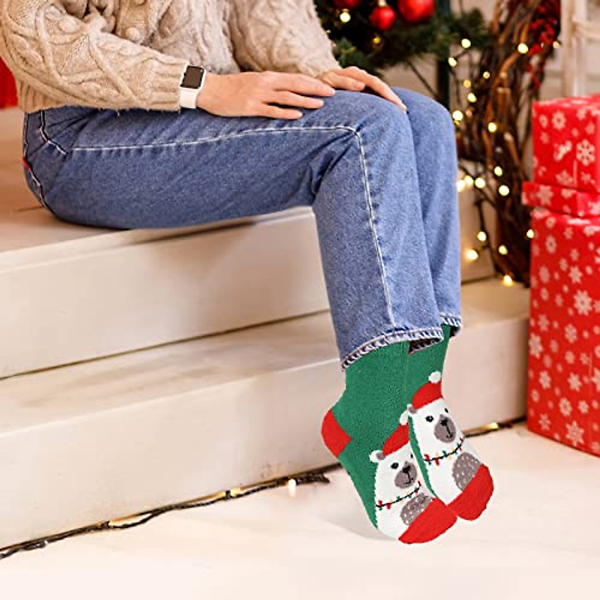 Gellwhu Adult Christmas Fuzzy Socks with Grips Plus Size Warm Winter Luxury Cozy Fluffy Holiday Socks Stocking Stuffers Gifts 10 Pairs C